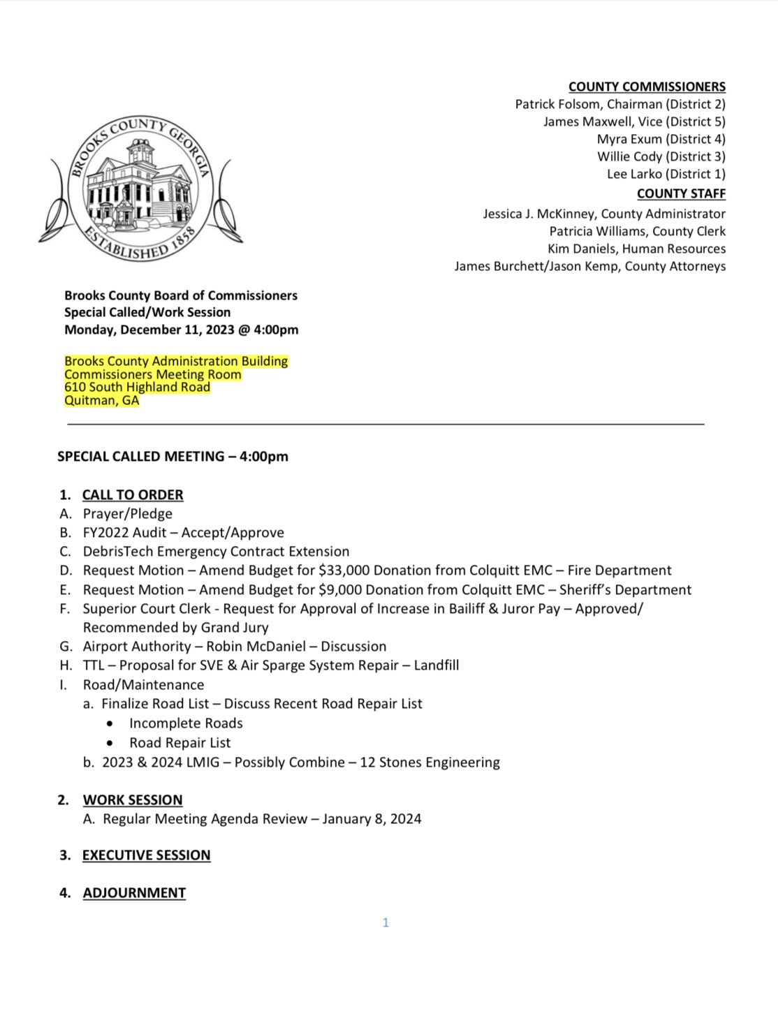 Agendas, Minutes, and Public Notices | Brooks County Board of Commissioners