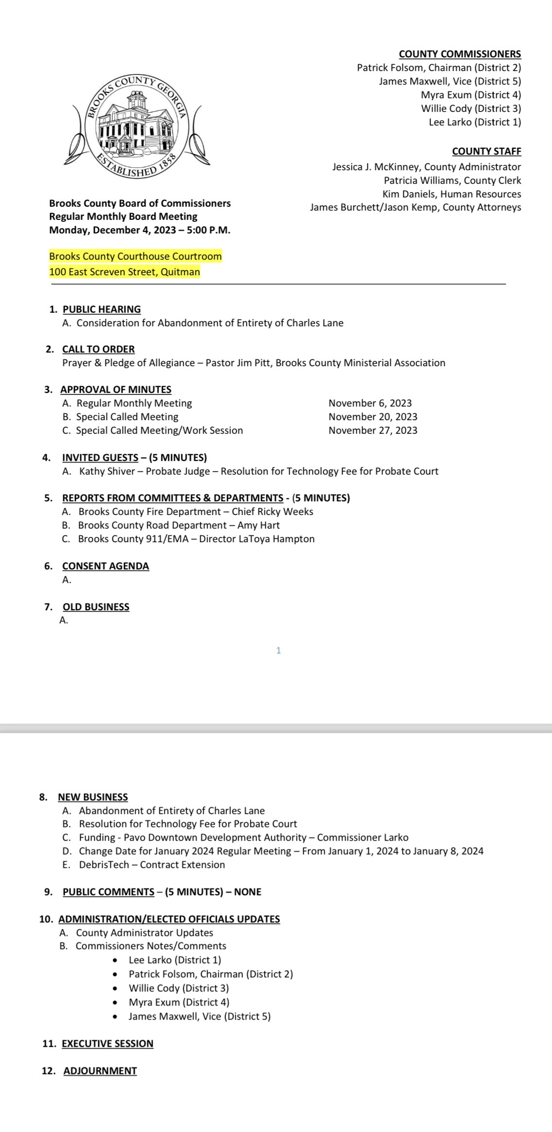 Agendas, Minutes, and Public Notices | Brooks County Board of Commissioners
